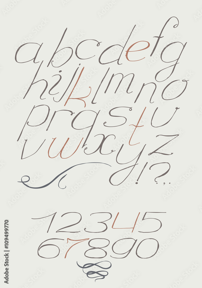 English hand drawn italic type script from a to z with digits from 0 to ...