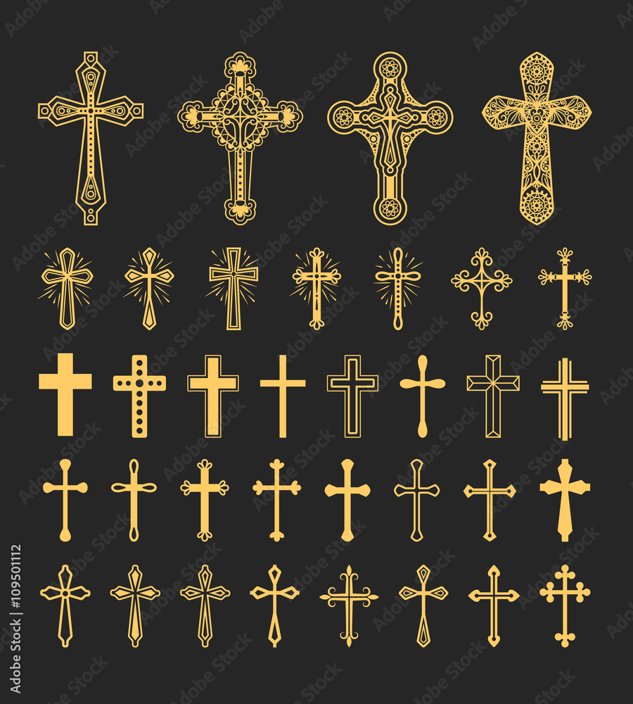 Cross icons set. Decorated crosses signs or ornamented crosses symbols ...