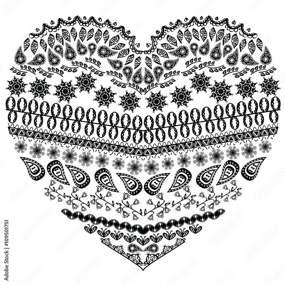 Tribal entangle Aztec heart shape with floral elements in hand drawing ...