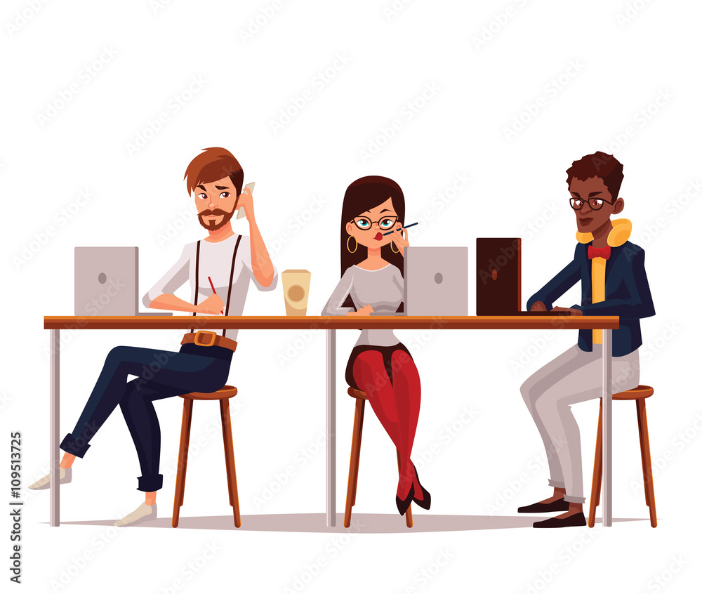 coworking, collaborative teamwork, vector cartoon comic illustration on ...