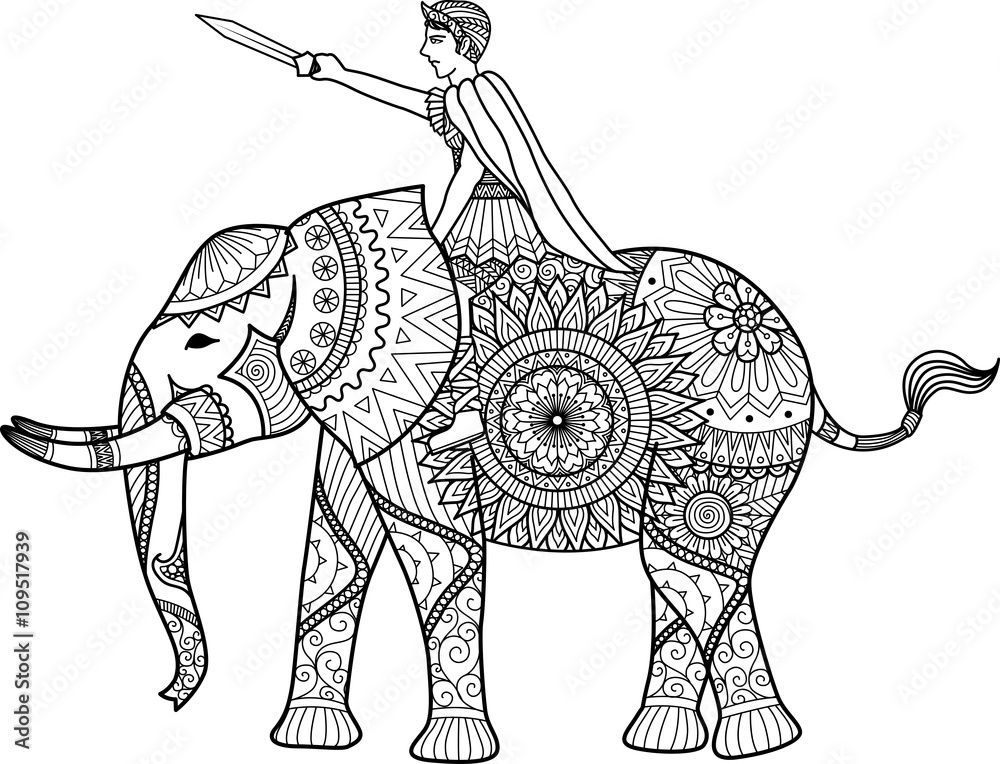 warrior riding elephant line art design for coloring book Stock Vector ...