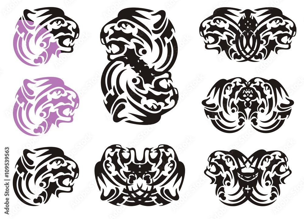 Tribal tiger head symbols. Flaming growling tiger head in violet and ...