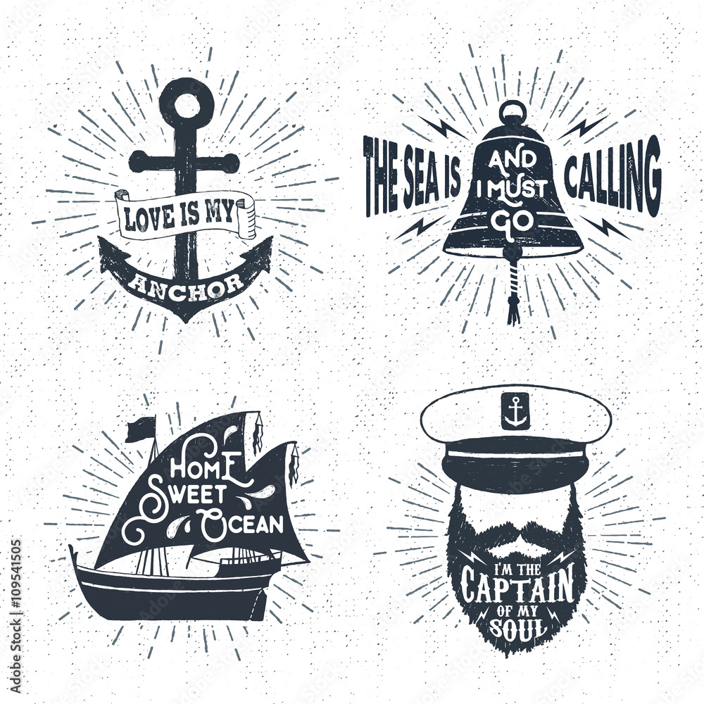 Hand drawn textured vintage badges set with anchor, captain's face ...
