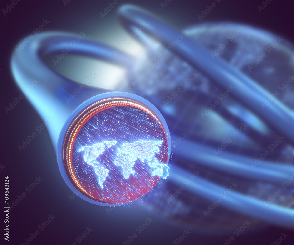 World Optical Fiber. Optical fibers lit in the shape of the world map ...