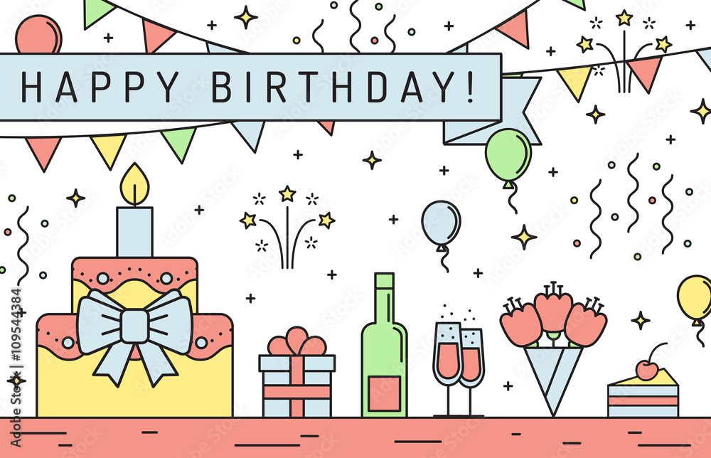 Happy birthday multicolored horizontal greeting card. Modern outline ...