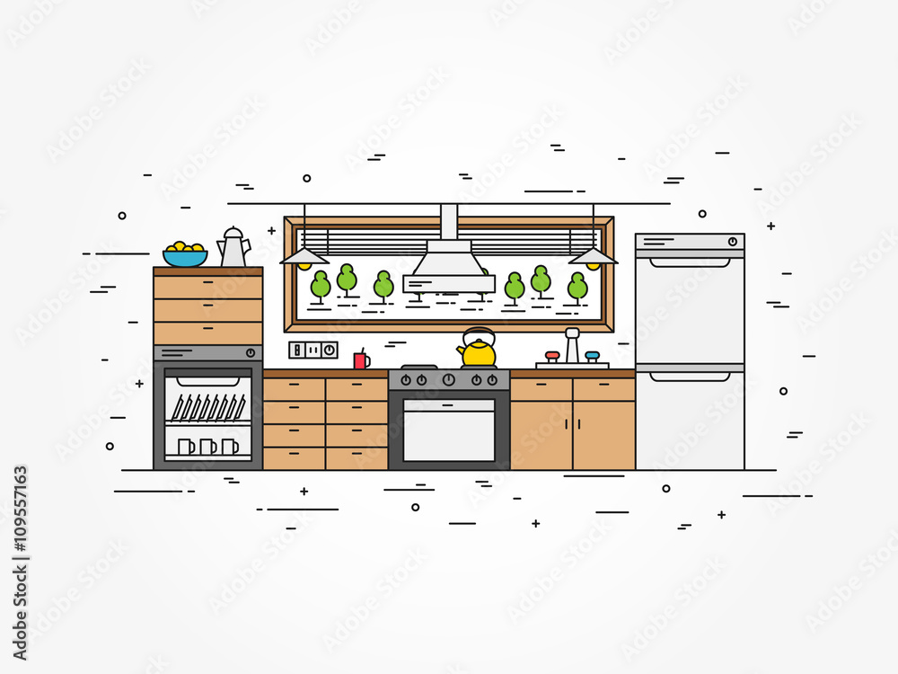 Kitchen interior line art vector illustration. Modern kitchen linear ...