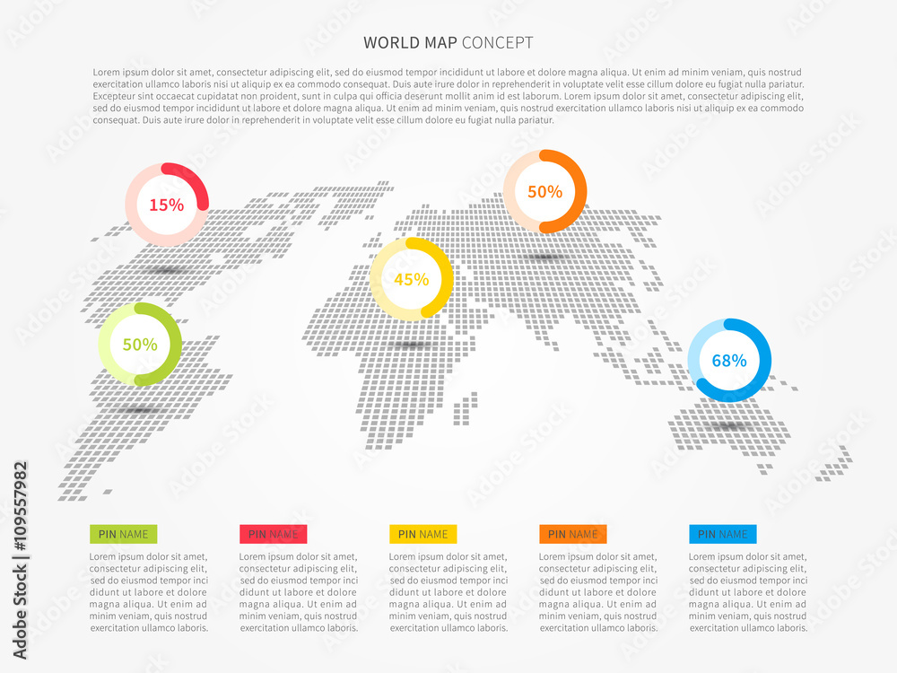 Perspective world map infographic with colorful pointers vector ...