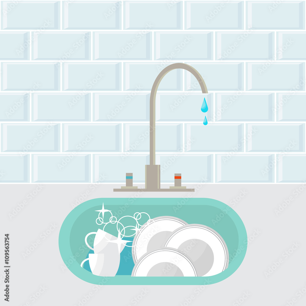 Kitchen sink with clear kitchenware. Vector illustration Stock Vector ...