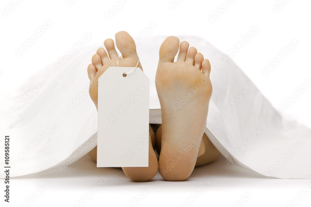 dead body feet with card autopsy isolated on white Stock Photo | Adobe ...