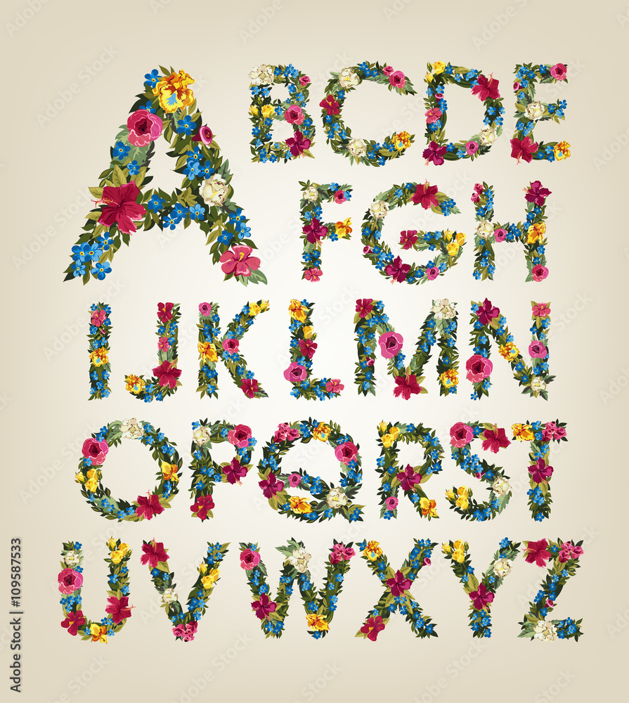 Flower alphabet. Colorful font. Uppercase. Stock Vector | Adobe Stock