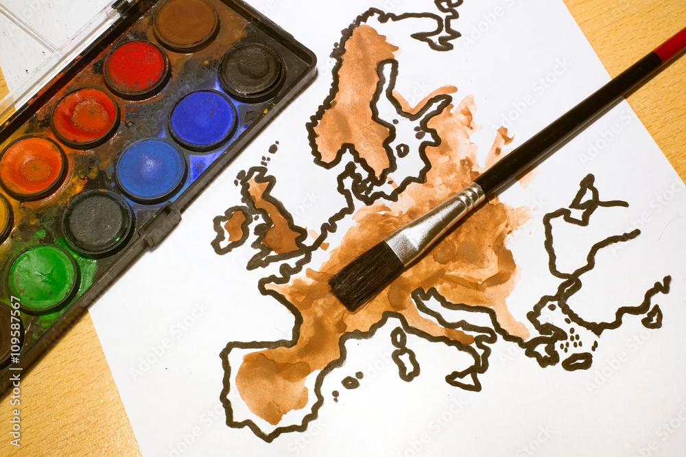 Poster Map of Europe colored by paintbrush with brown color – Wall Art ...