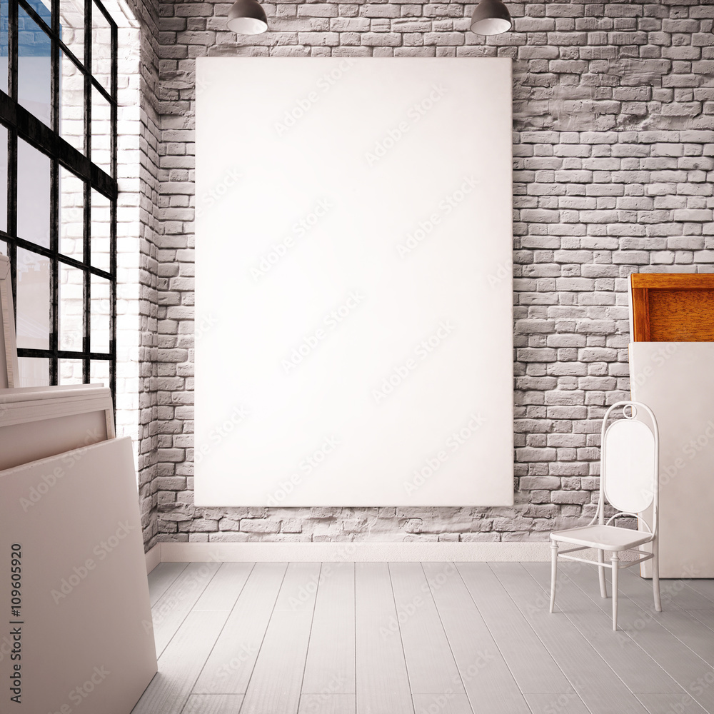 interior with a window in the loft-style with posters and paintings. 3d ...