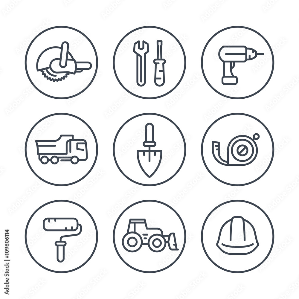 construction line icons in circles, construction tools and equipment ...