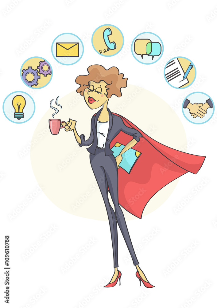 Successful business woman with superhero cloak and coffee in her hand ...