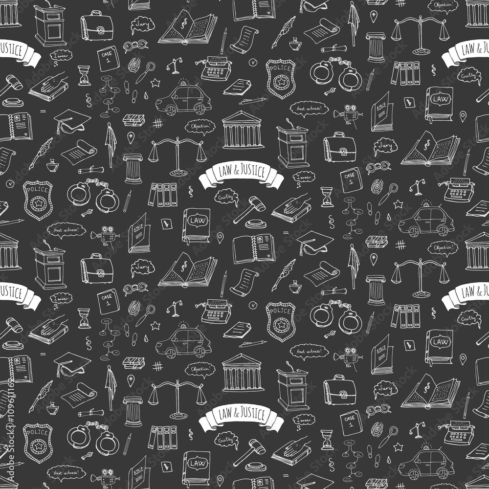 Seamless background hand drawn doodle Law and Justice icons set Vector ...