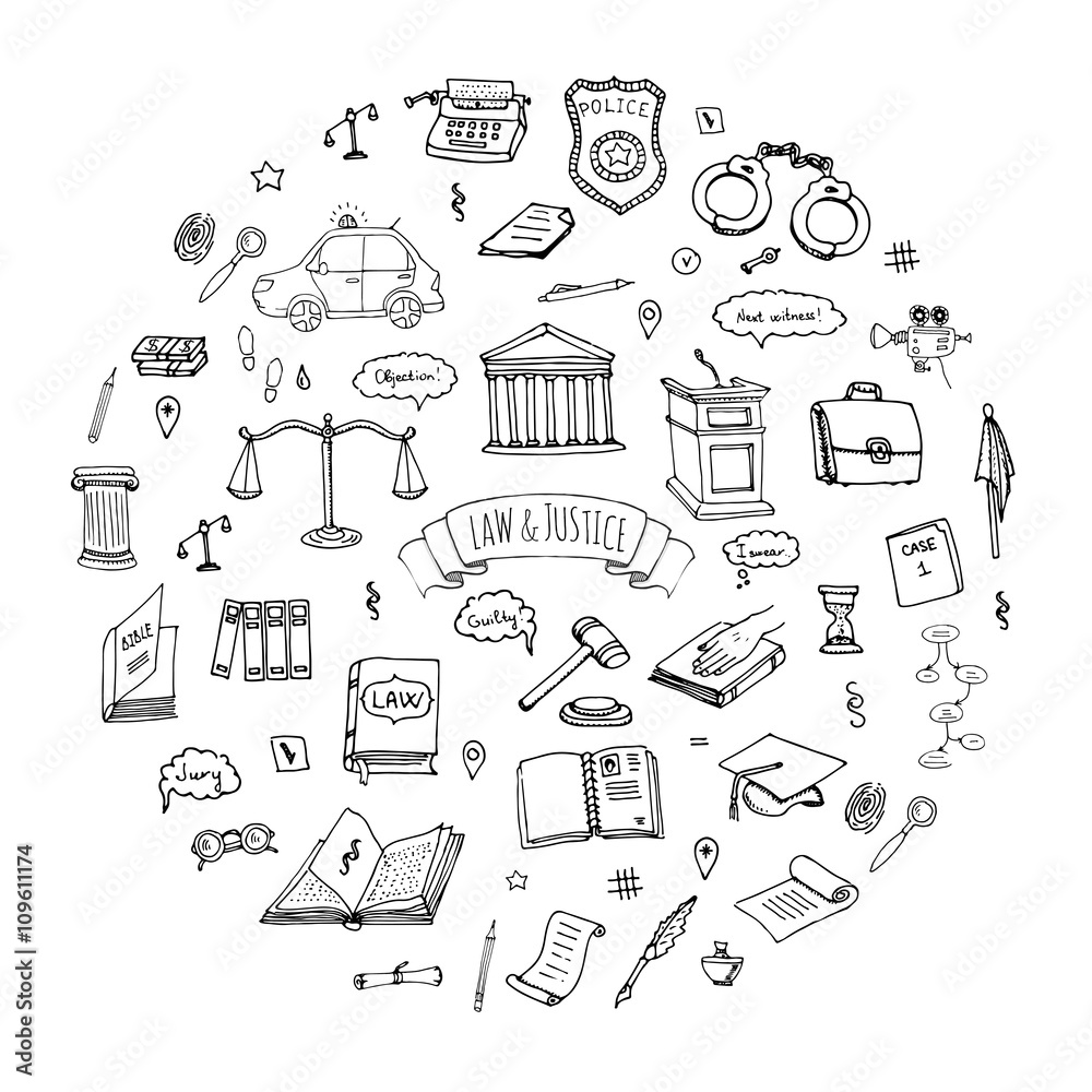 Hand drawn doodle Law and Justice icons set Vector illustration law ...