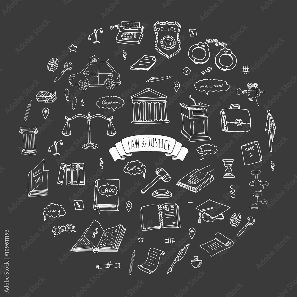 Hand drawn doodle Law and Justice icons set Vector illustration law ...