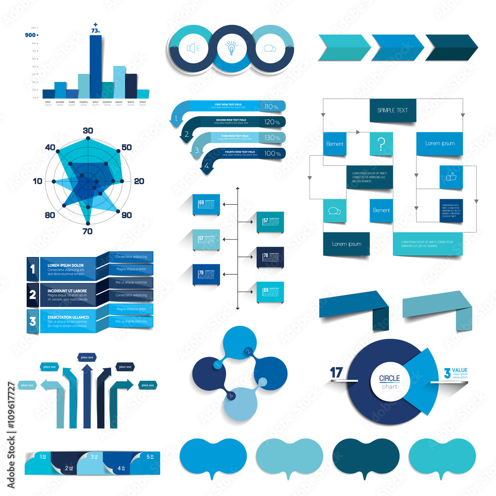 Collection of charts, graphs, flowcharts. Infographics in blue color ...