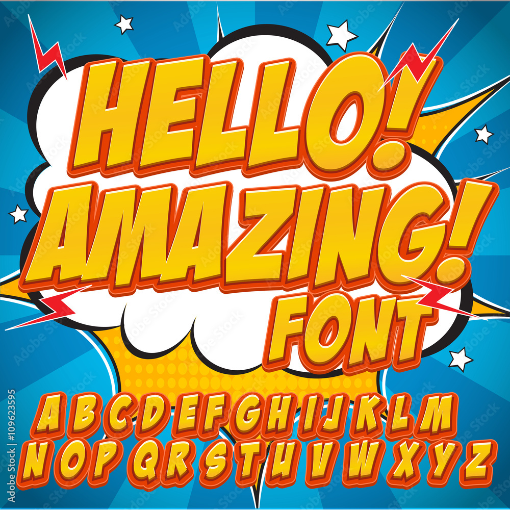 Comic alphabet set. Gold color version. Letters, numbers and figures ...