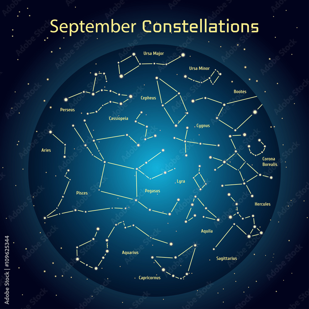 Vector illustration of the constellations of the night sky in September ...