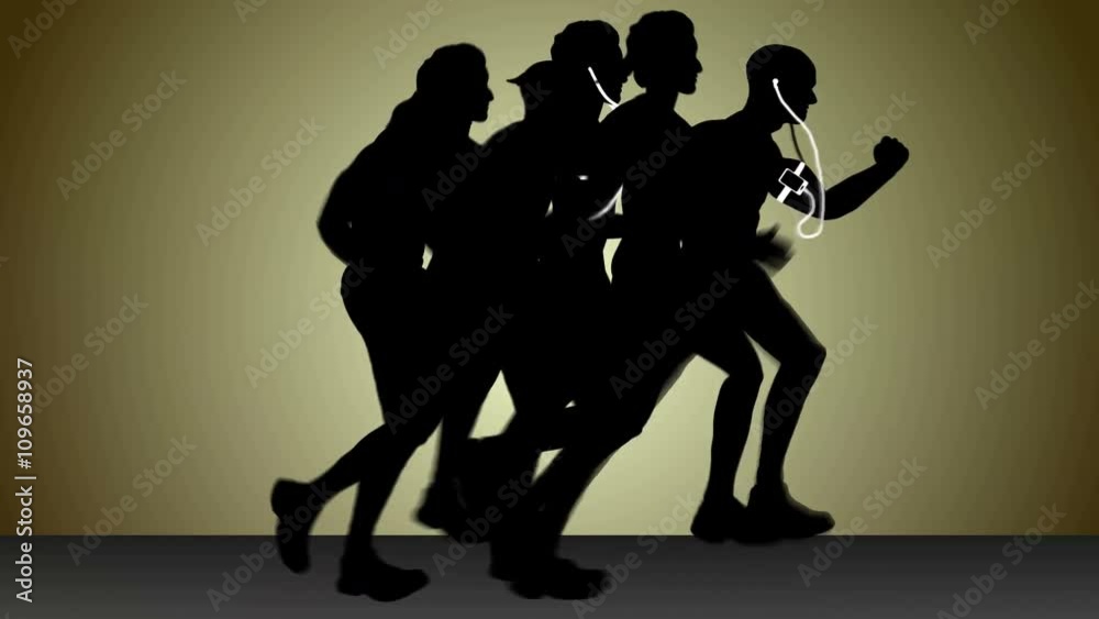 Seamless looping animation of a running group silhouette including ...