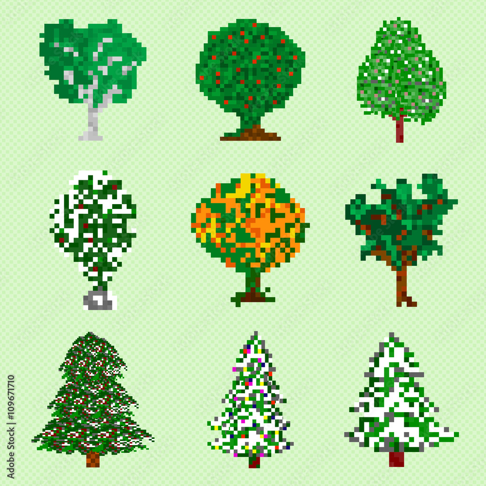 pixel art trees collection isolated objects Stock Vector | Adobe Stock