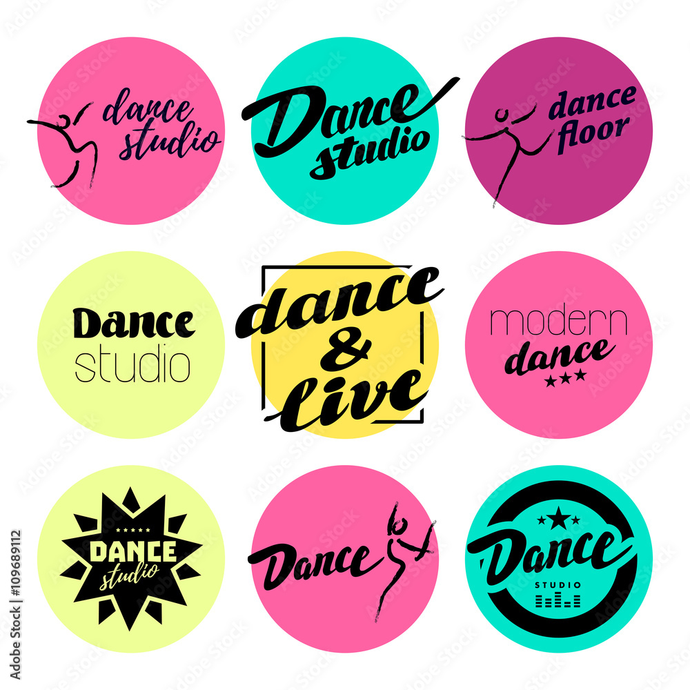 Vector flat dance studio logo. Dance flat emblem set. Dancing icon ...