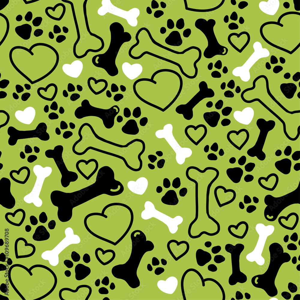 Vector seamless flat hand drawn dog pattern with bones, hearts, paw ...