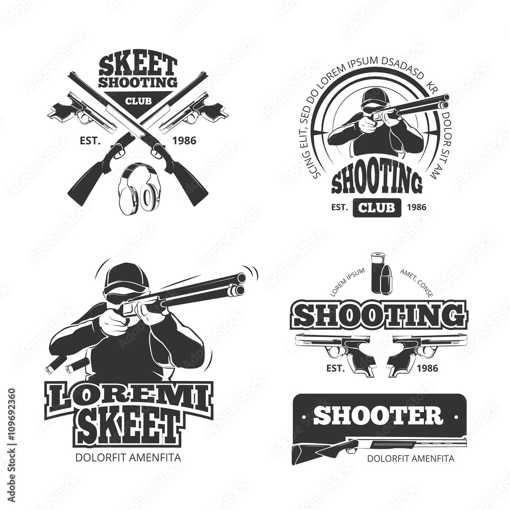 Retro weapons, shooting vector labels, emblems, badges, logos. Shooting ...