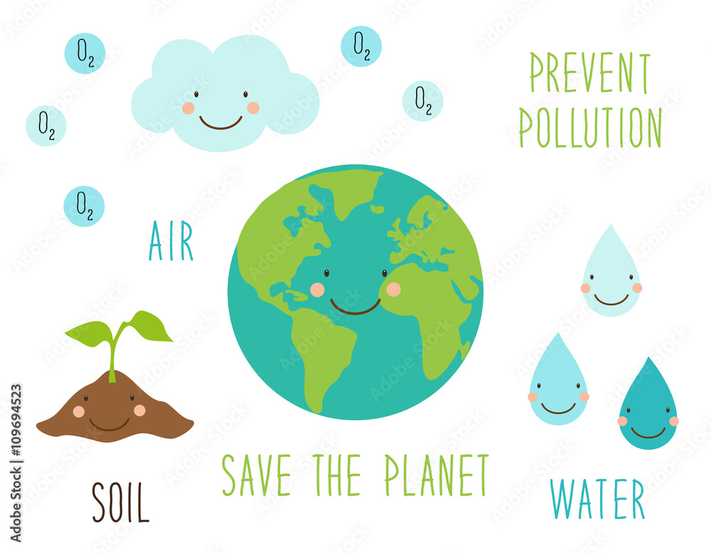 Cute hand drawn World Environment Day card with smiling characters of ...