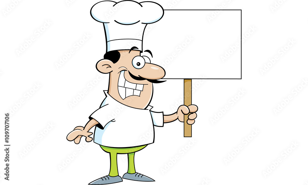 Cartoon illustration of a chef holding a sign. Stock Vector | Adobe Stock