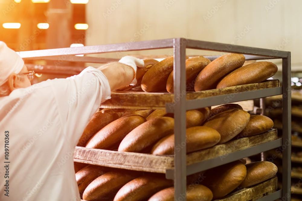 Brown bread on wooden rack. Worker touching bread on rack. Careful work ...