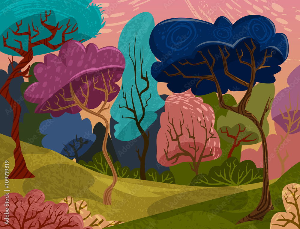 Beautiful trees in magical forest. Cartoon colorful summer landscape ...