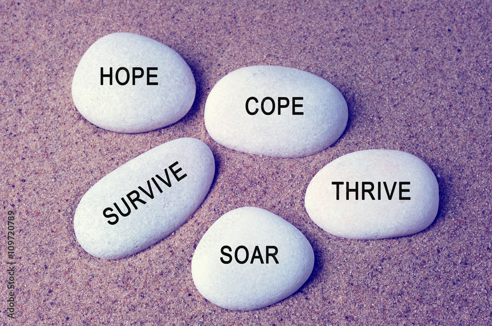 Inspirational words - hope, cope, survive, thrive and soar text on a ...