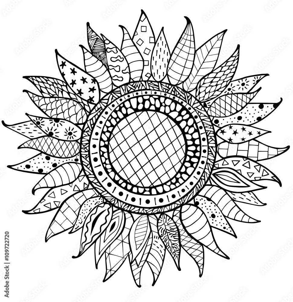 Hand drawn zentangle sunflower ornaments for antistress coloring book ...