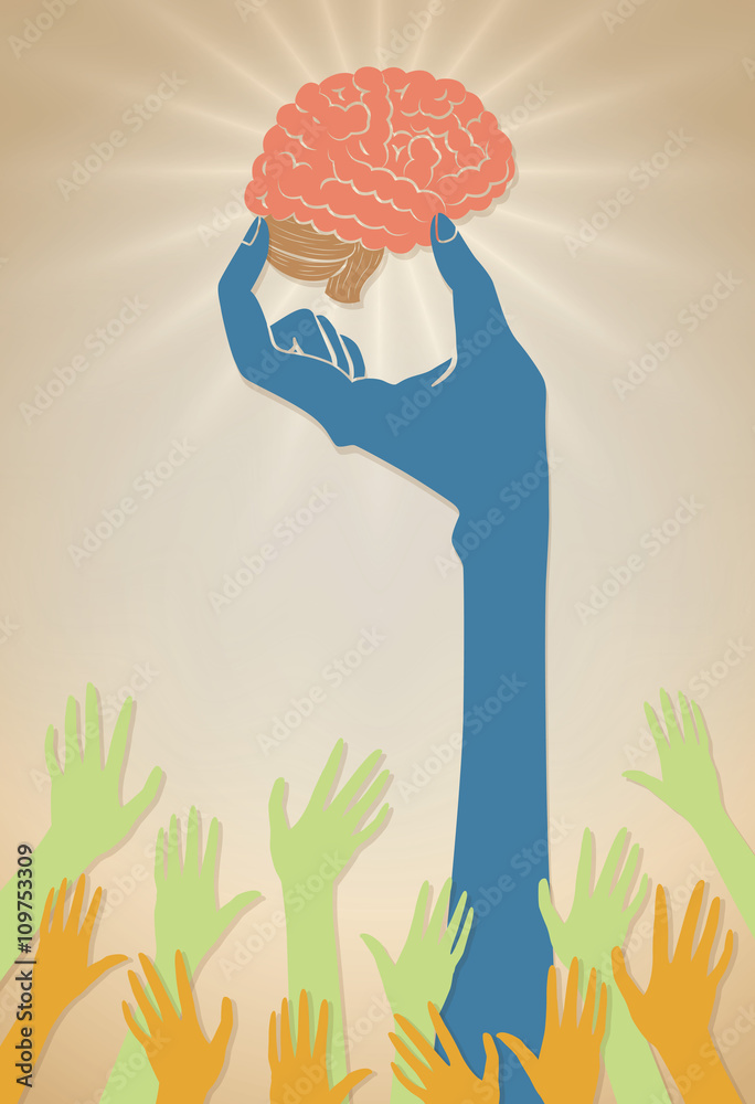A vector illustration of a hand holding a human brain high while a ...