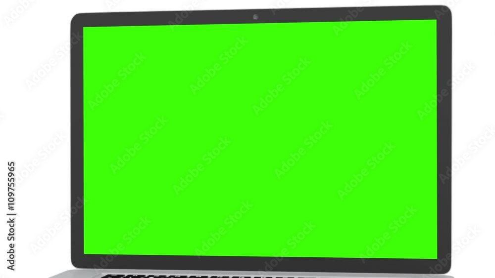 Isolated laptop with green screen on white background. Camera rotating ...