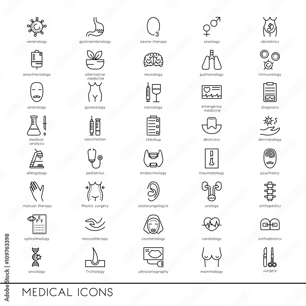 Vector line icons with medical symbols. Medical professions. Line icons ...