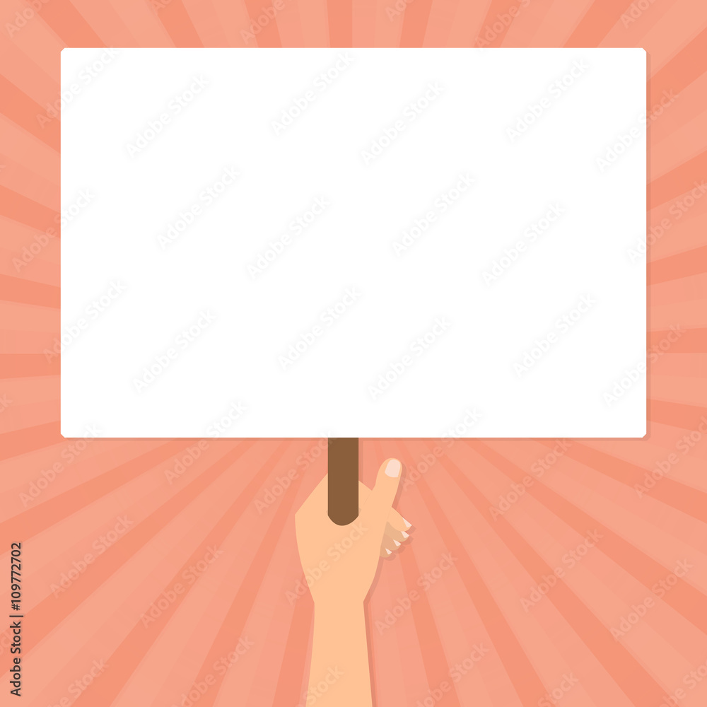 Human hand hold a blank protest signs on orange sun rays background ...