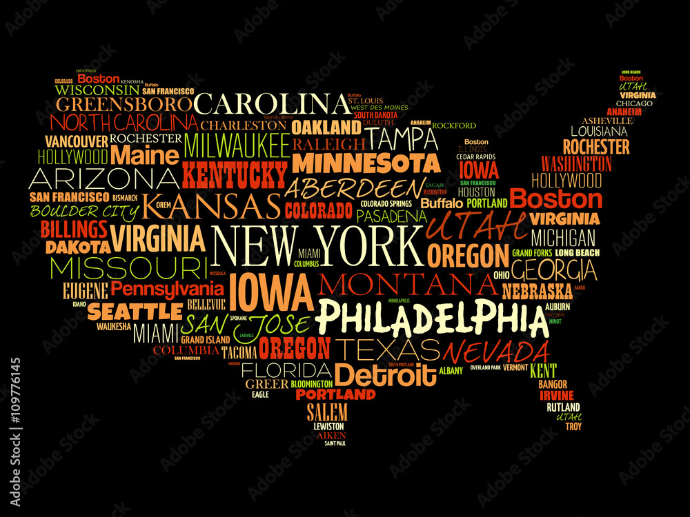 USA Map word cloud with most important cities Stock Vector | Adobe Stock