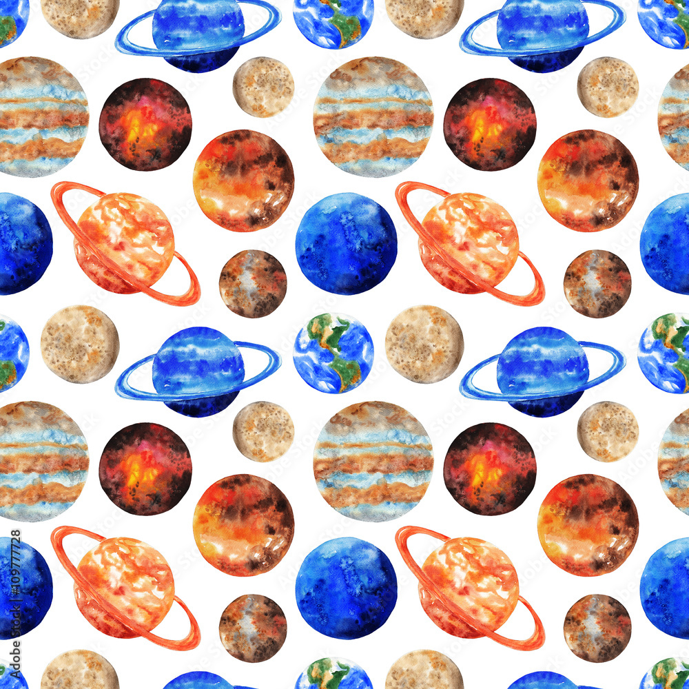 Seamless pattern with the planets of the Solar system on white ...