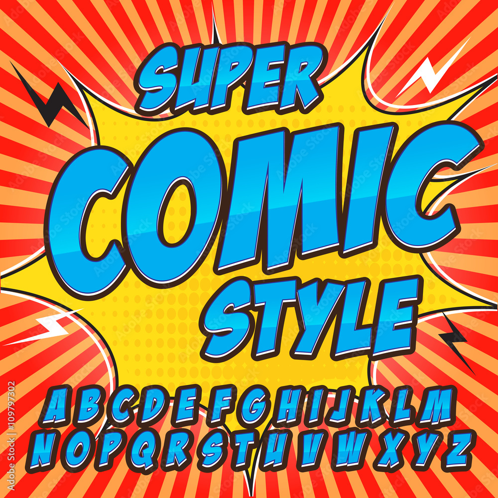 Comic alphabet set. Blue color version. Letters, numbers and figures ...