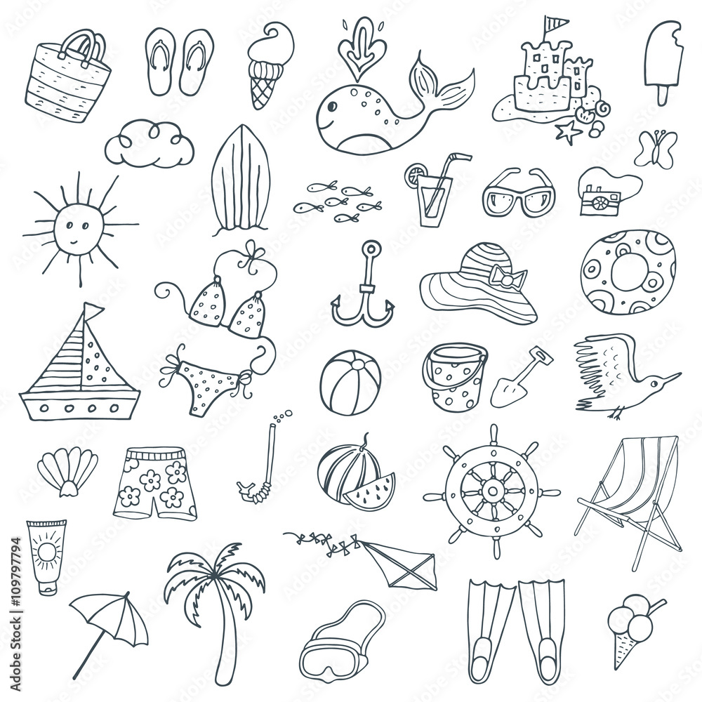 Summer time. Hand drawn symbols and objects Stock Vector | Adobe Stock