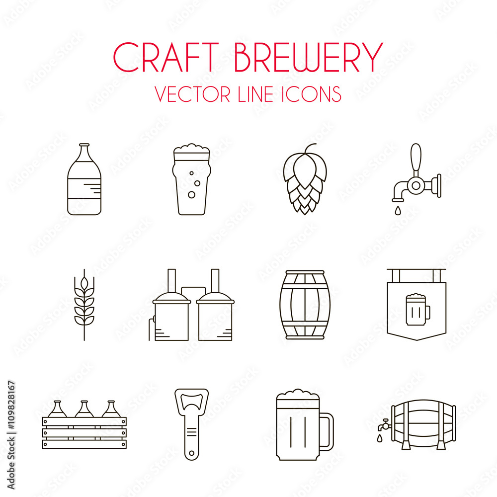 Craft beer and brewery vector line icon set: beer bottle, distillery ...