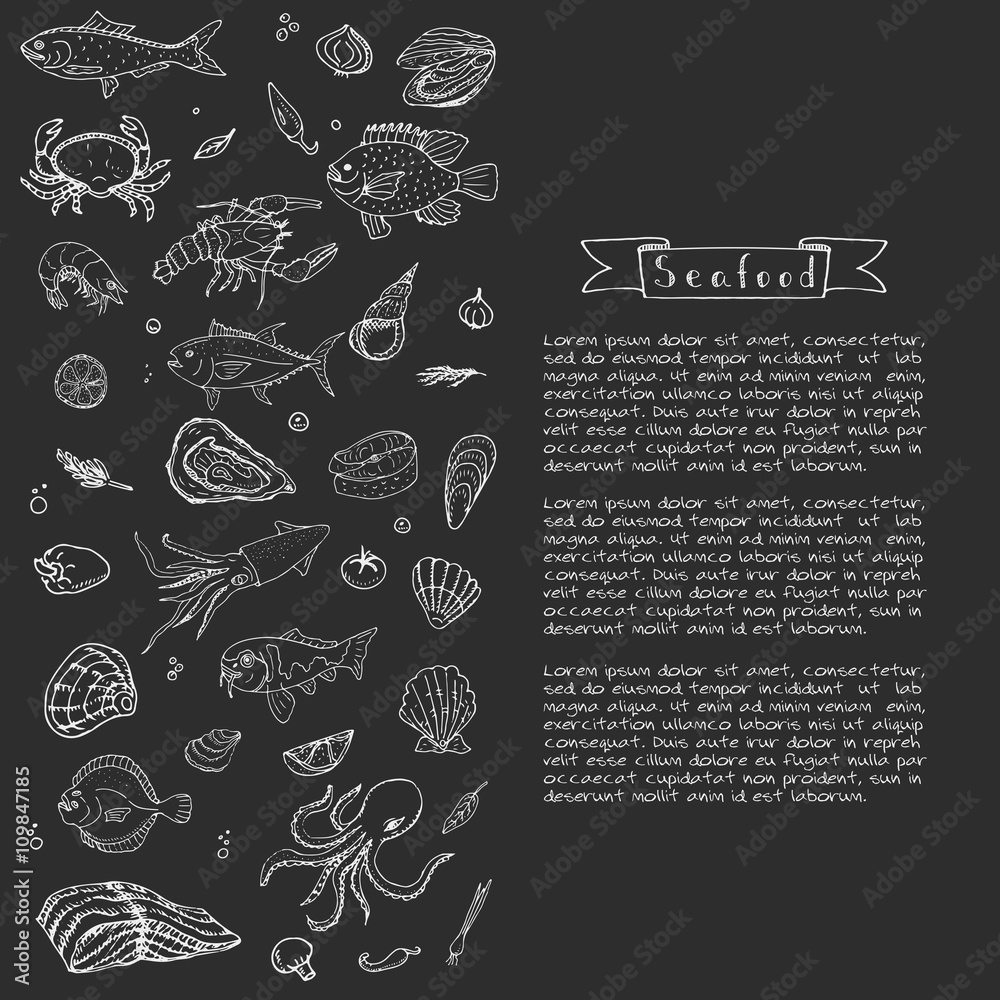 Hand drawn doodle Seafood icons set Vector illustration seafood symbols ...