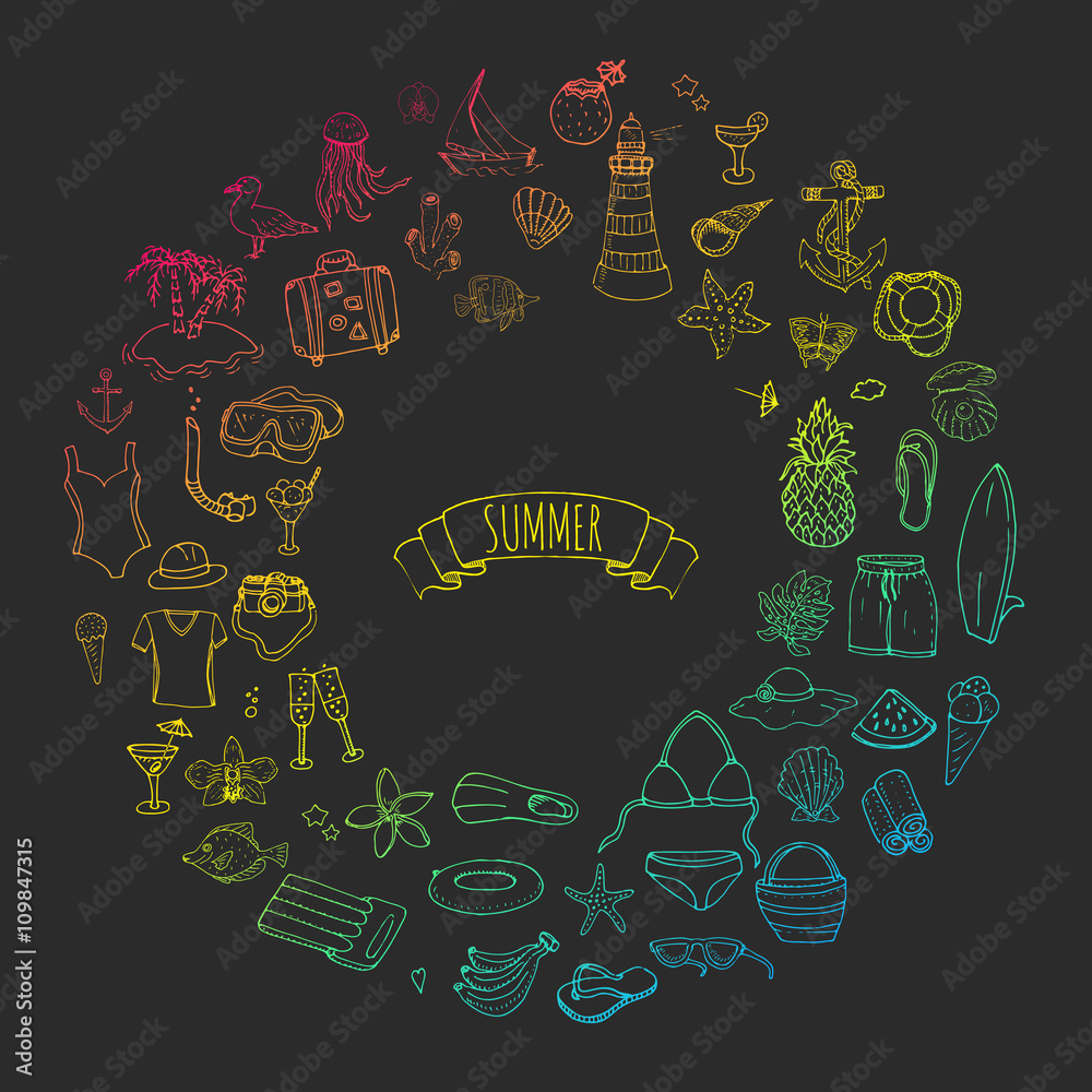 Hand drawn doodle summer set icons Vector illustration Sketchy summer holiday elements ...