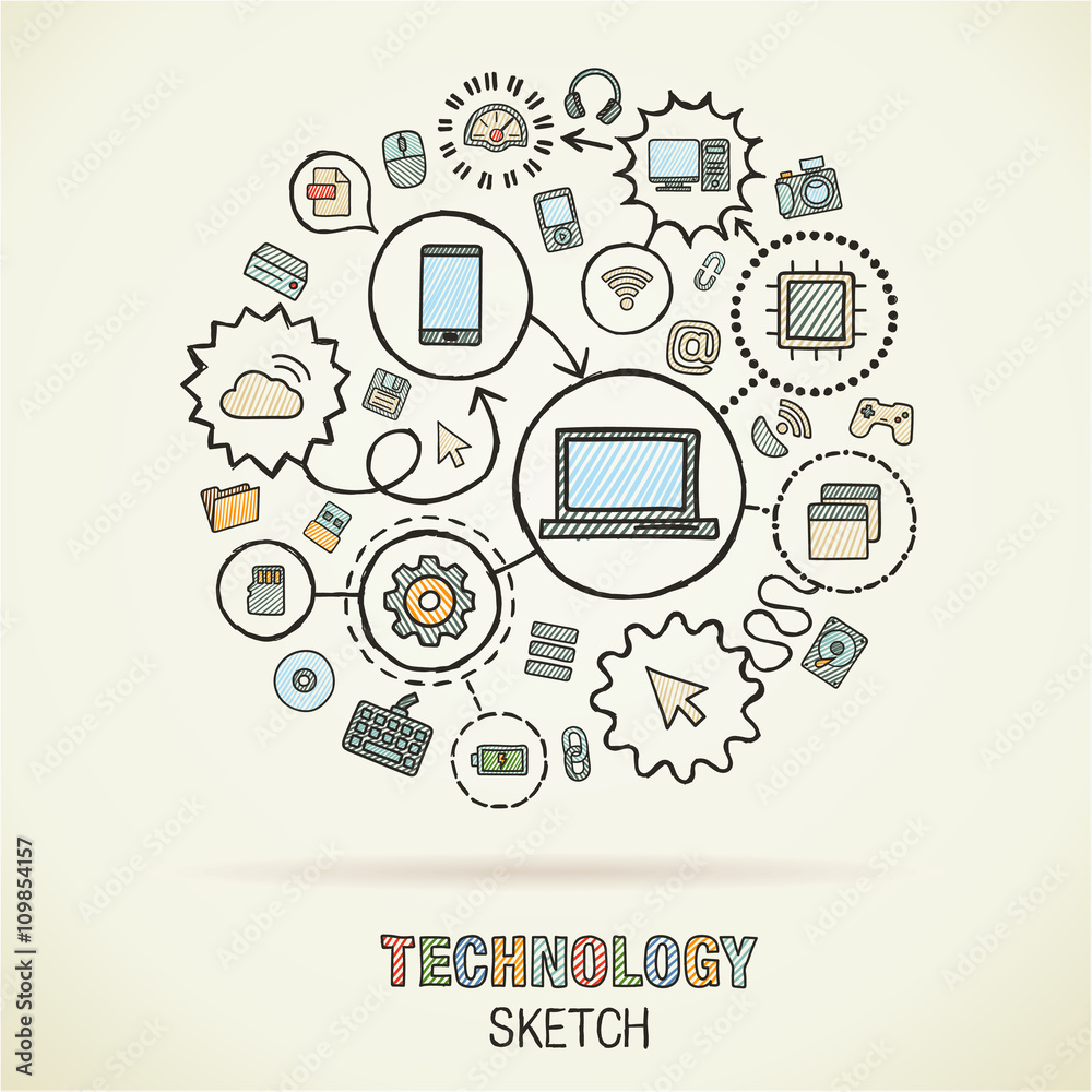 Technology hand drawing integrated sketch icons. Vector doodle ...