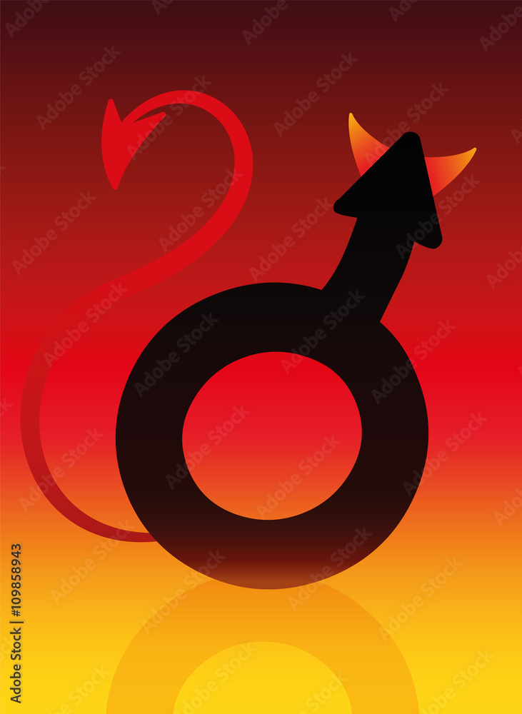 Male devil symbol with tails and horns on blazing background as a ...