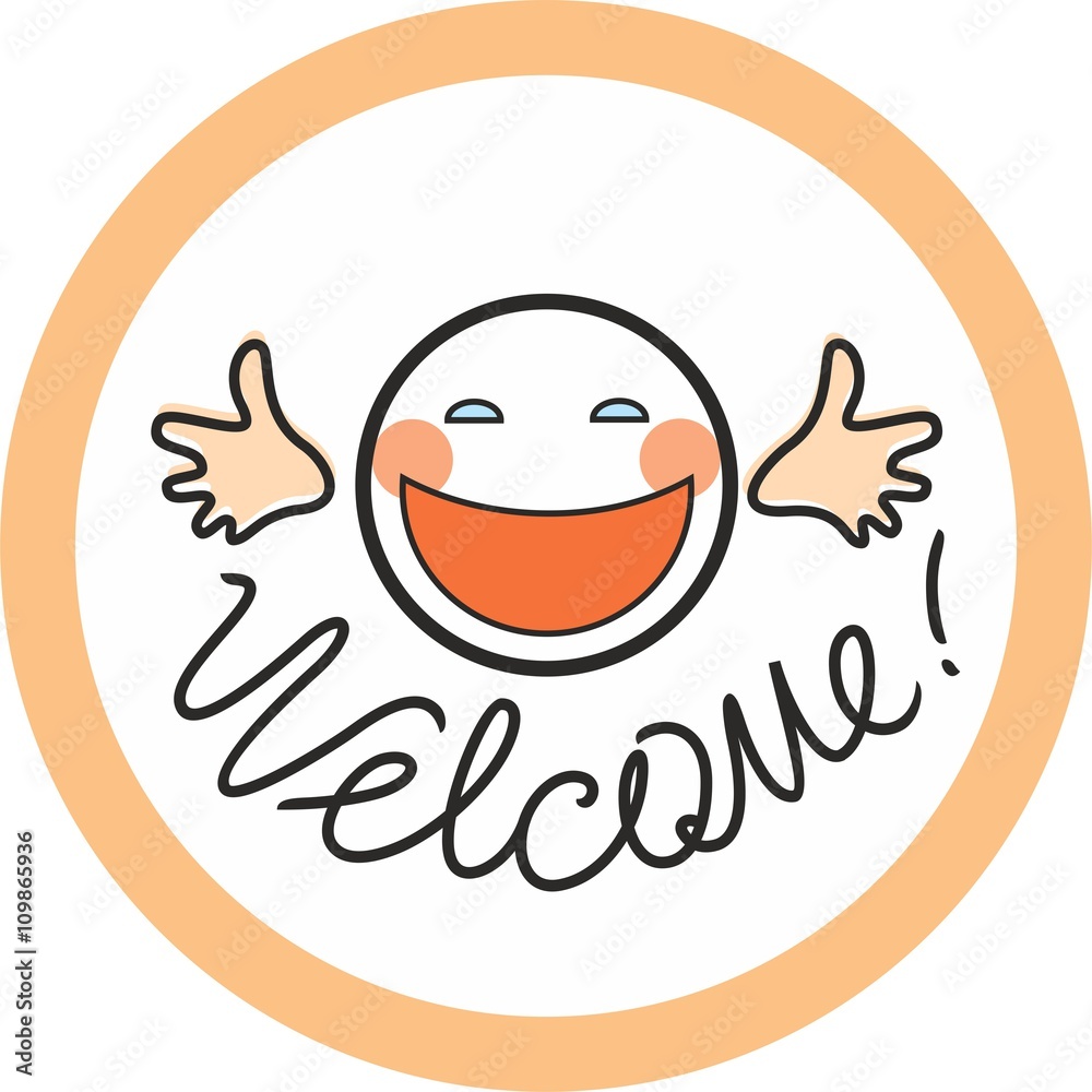 Welcome, happy face, icon. Round face laughs and invites. Vector icon ...