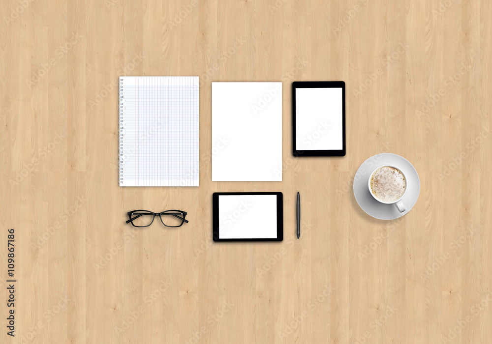 Office desk top view mock up image. Wooden background Stock ...